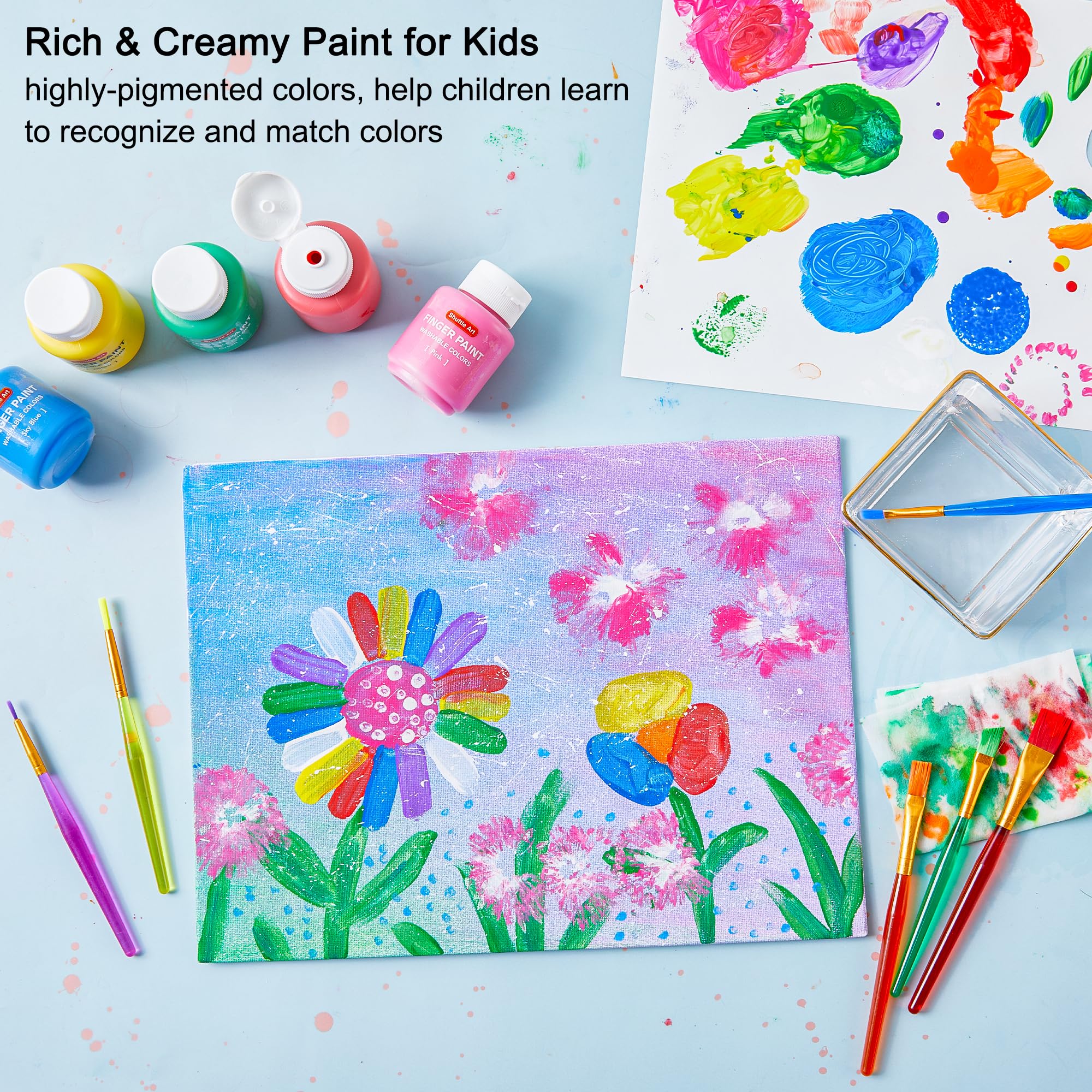 Washable Finger Paint Set, Shuttle Art 46 Pack Kids Paint Set with 14 Colors(60ml) Finger Paints, Brushes, Finger Paint Pad, Sponge, Palette, Smock, NonToxic for Toddlers Home Activity Early Education