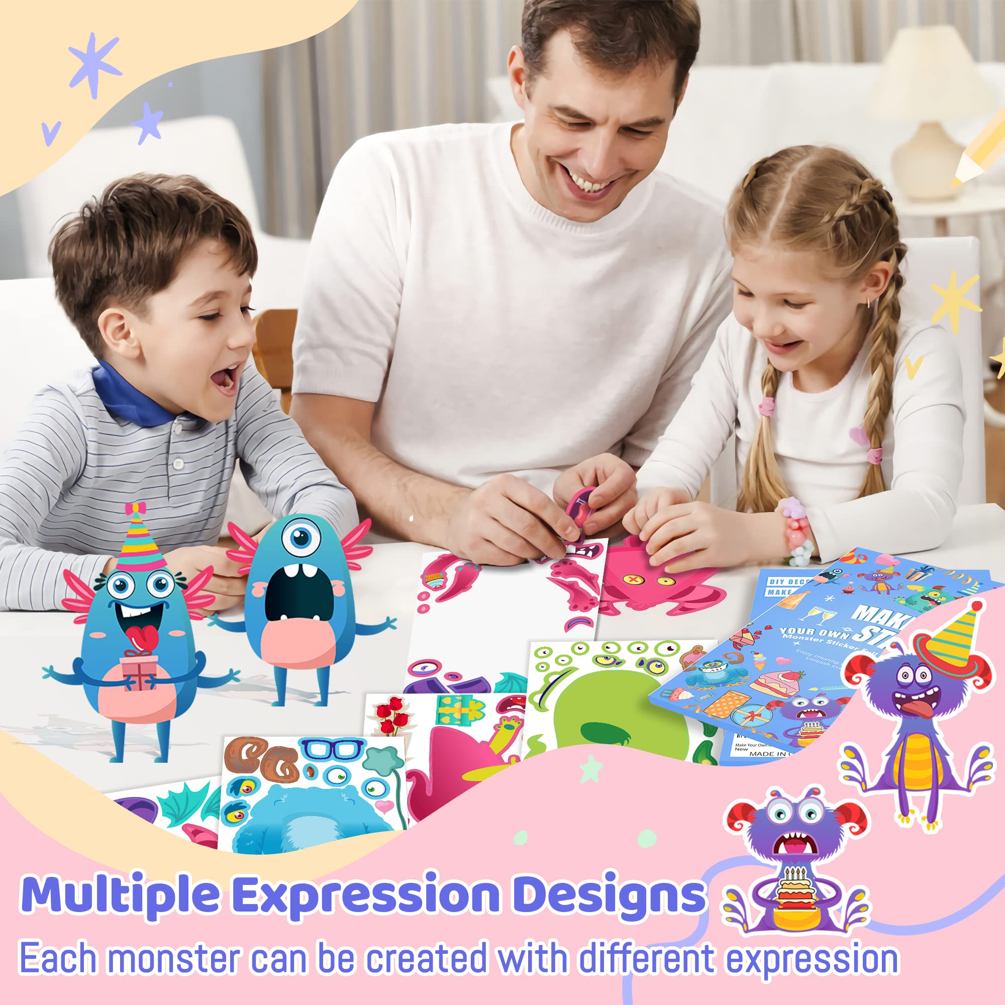 Dcuminkel Make-A-Face Stickers - 50 Sheets Kids Sticker Craft, Monster Theme Party Favor Stickers for Kids, Keep Kids Busy Activity Bulk, 10 Styles for Party School Class, Goodie bag Idea, Gift
