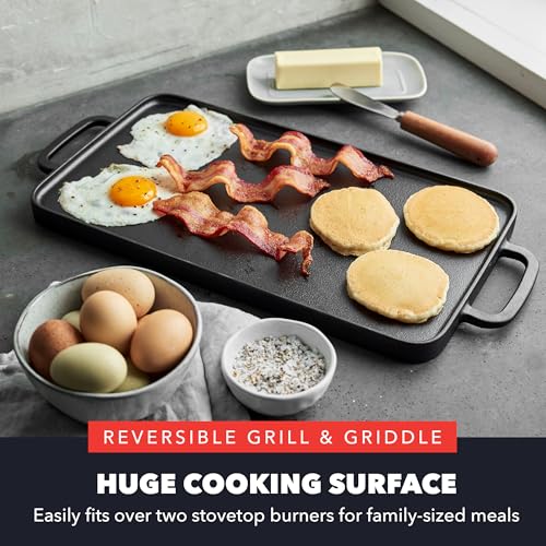 GreenPan x Bobby Flay Cast Iron Pre-Seasoned 11” Reversible Double Burner Rectangle Grill/Griddle, Helper Handles, Induction Suitable, Versatile Stovetop, Oven, BBQ & Fire, Indoor/Outdoor Use, Black
