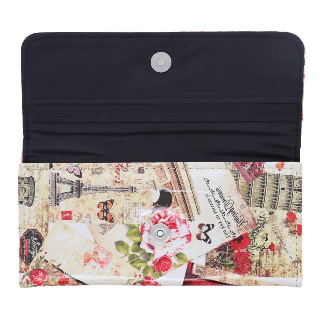 Vegan Leather Women's 9 inch Wide Wallet with Vintage Postcard Print-Orange