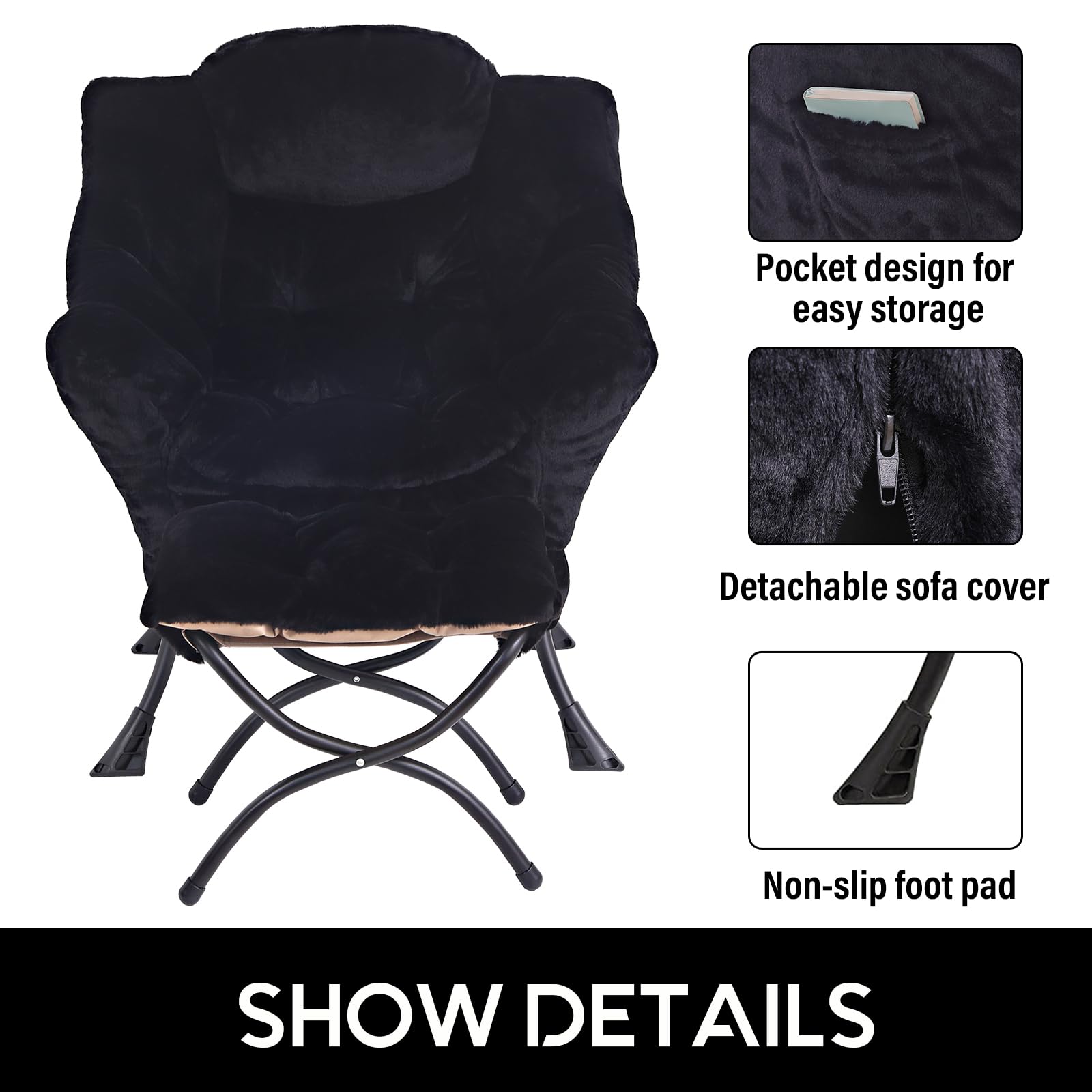 LITA Lazy Chair with Ottoman, Modern Accent Leisure Upholstered Sofa Chair, Lounge Reading Chair with Armrests and a Side Pocket for Living Room, Bedroom & Small Space, Plush Black