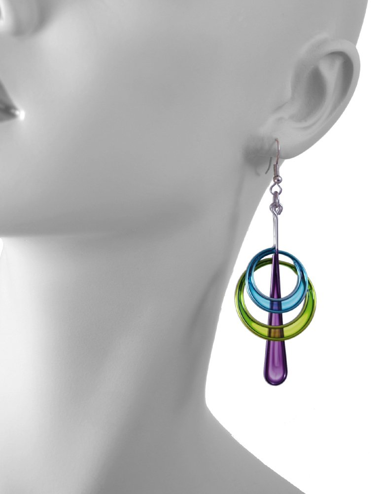 Christopher Royal Kinetic-Inspired Stainless Steel Art Earrings, 3” Double Orbit Drops – Purple, Blue Green