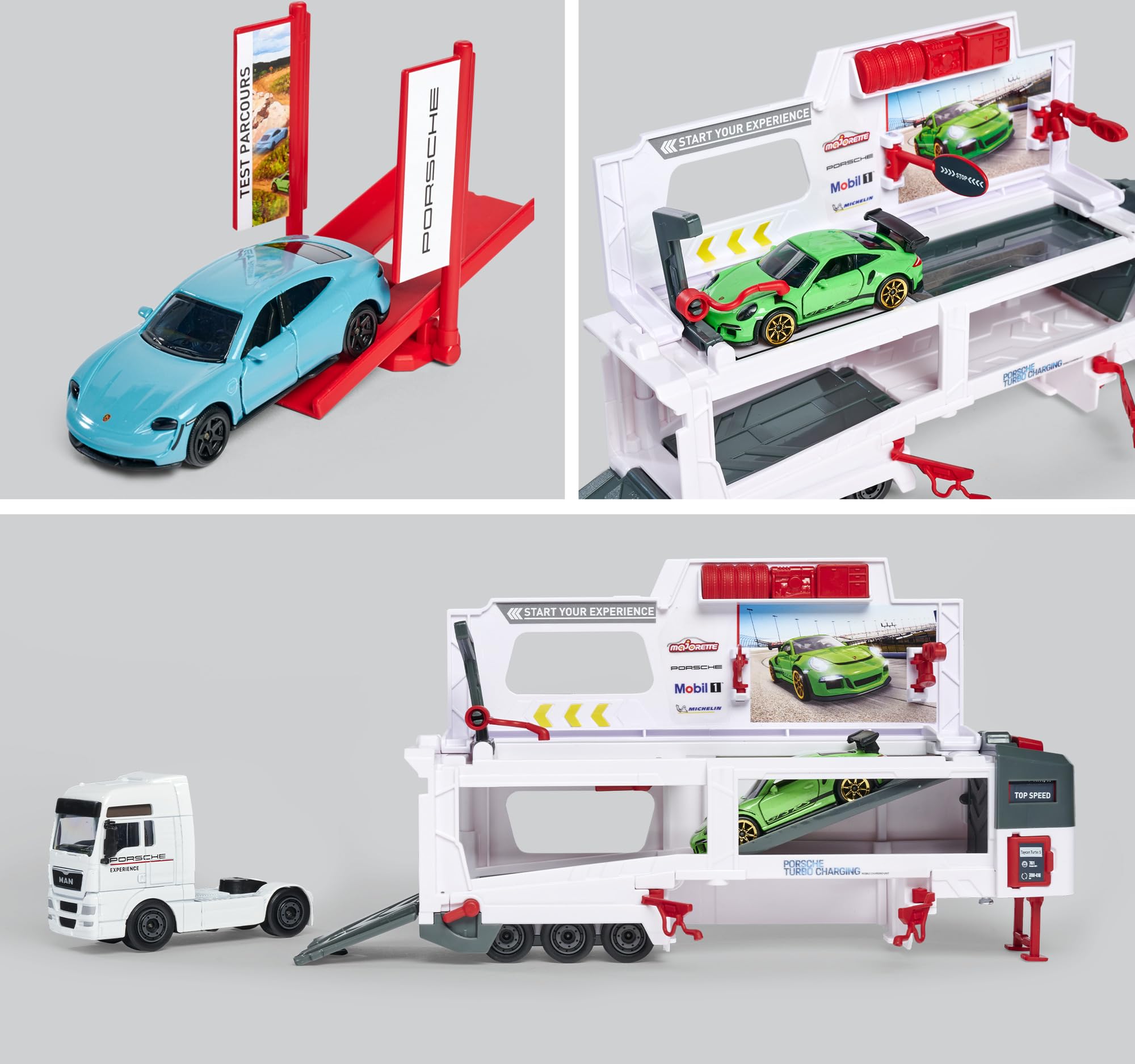 Majorette- Camión Porsche Experience 27cm, Incluye 2 Coches de Metal de 7,5cm, Partes Desplegables y Numerosos Accesorios, Adecuado A Partir de 3 Años, Color (212053304)