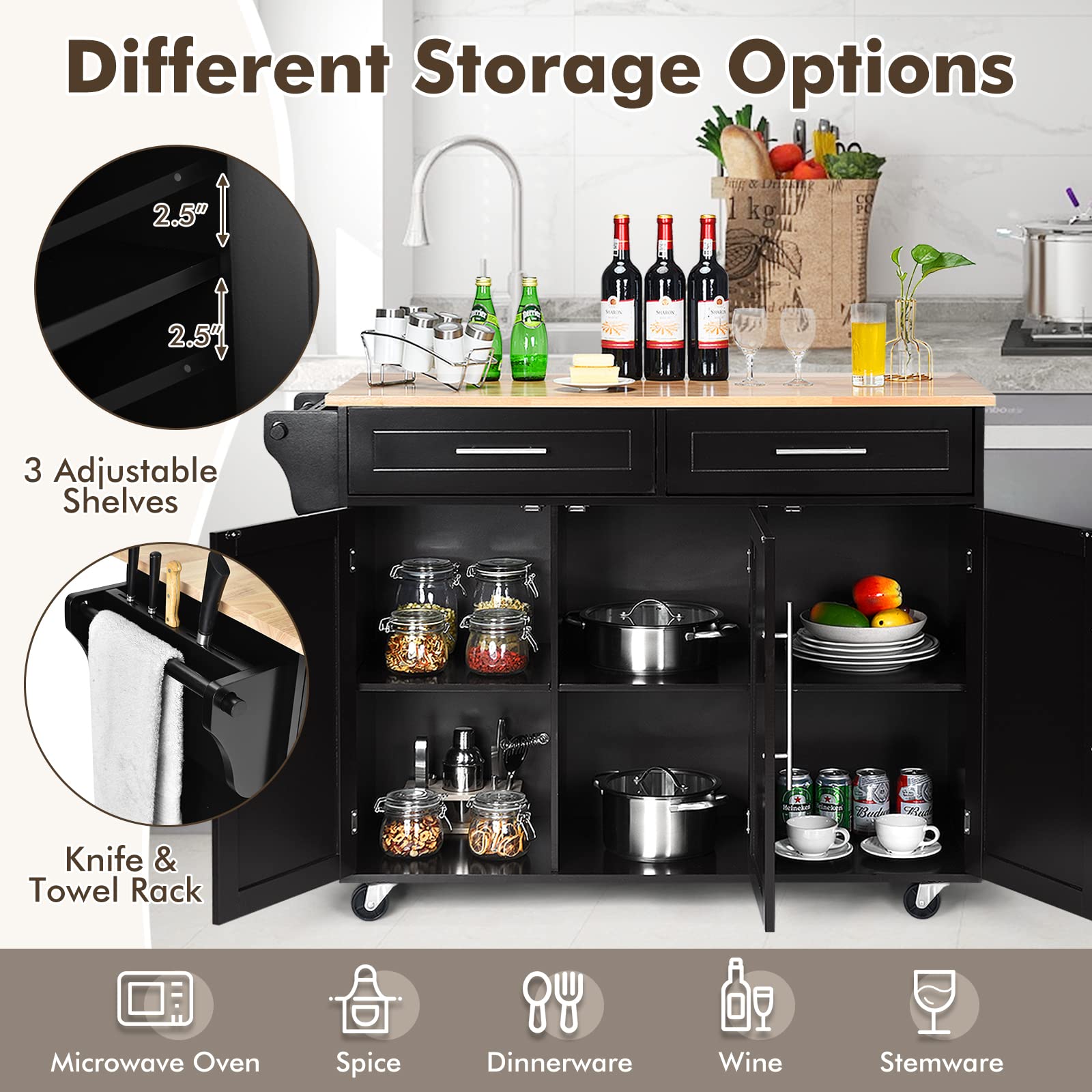COSTWAY Mobile Kitchen Island Cart, Rolling Storage Trolley with Towel Bar, 2 Deep Drawers, 3 Door Cabinets, Swivel Casters, Rubber Wood Top, Ideal for Kitchen, Dining Room, Restaurant, Cafe (Coffee)