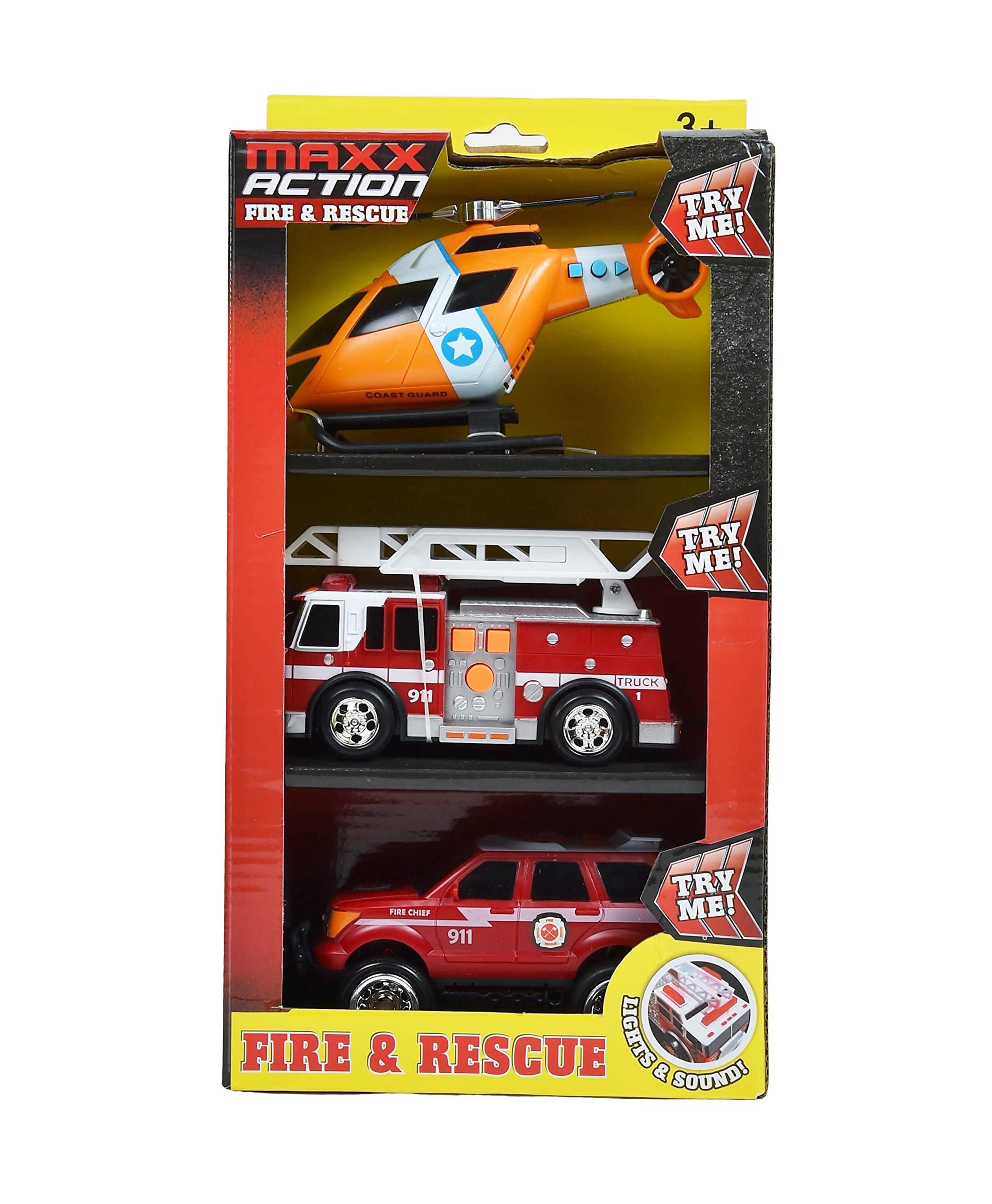 Sunny Days Entertainment Maxx Action Mini Rescue Vehicles 3 Pack | Rubber Tires | Lights & Sounds | 8 Assorted Styles | Helicopter - Fire Truck - Ambulance | Color & Style May Vary