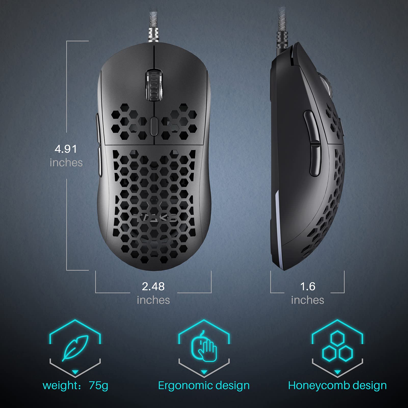 DIERYA Falcon Gaming Mouse, Up to 16000 DPI, Ultra-Lightweight Honeycomb Mouse, RGB Wired Gaming Mice with 7 Buttons Programmable Driver for Windows PC Gamer Designer (Black)
