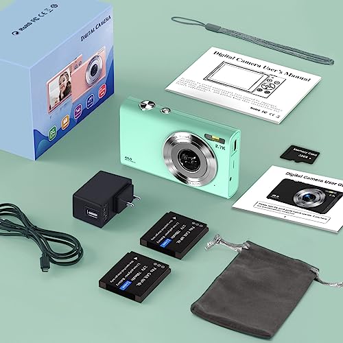 Digital Camera Auto Focus 2.7K Vlogging Camera HD 48MP 16X Digital Zoom Camera with 32G Memory Card 2 Batteries YouTube Portable Mini Compact Camera for Kids Teens Adult Beginner Green