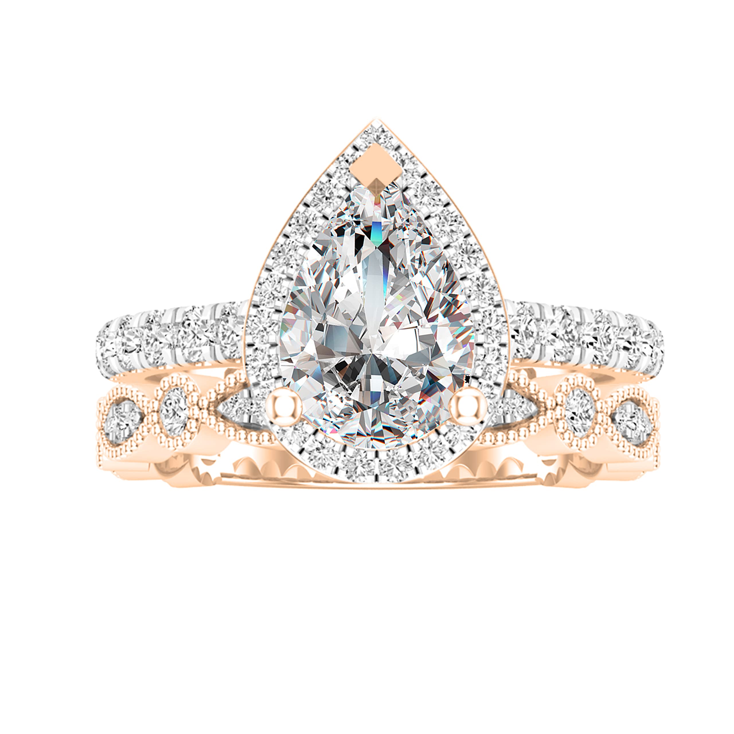 Dazzlingrock Collection 9x6mm Pear Cubic Zirconia & 0.80 Carat Round White Diamond Alternate Marquise Shaped Miligrain Engagement Ring Set for Women in 14K Solid Rose Gold Size 4.5