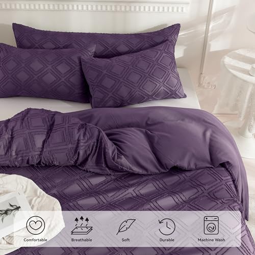 JELLYMONI Duvet Cover King Size - Purple Microfiber Tufted Duvet Cover Set, Boho Textured Duvet Cover Jacquard Rhombus Geometric Pattern Duvet Cover with Corner Ties & Zipper Closure