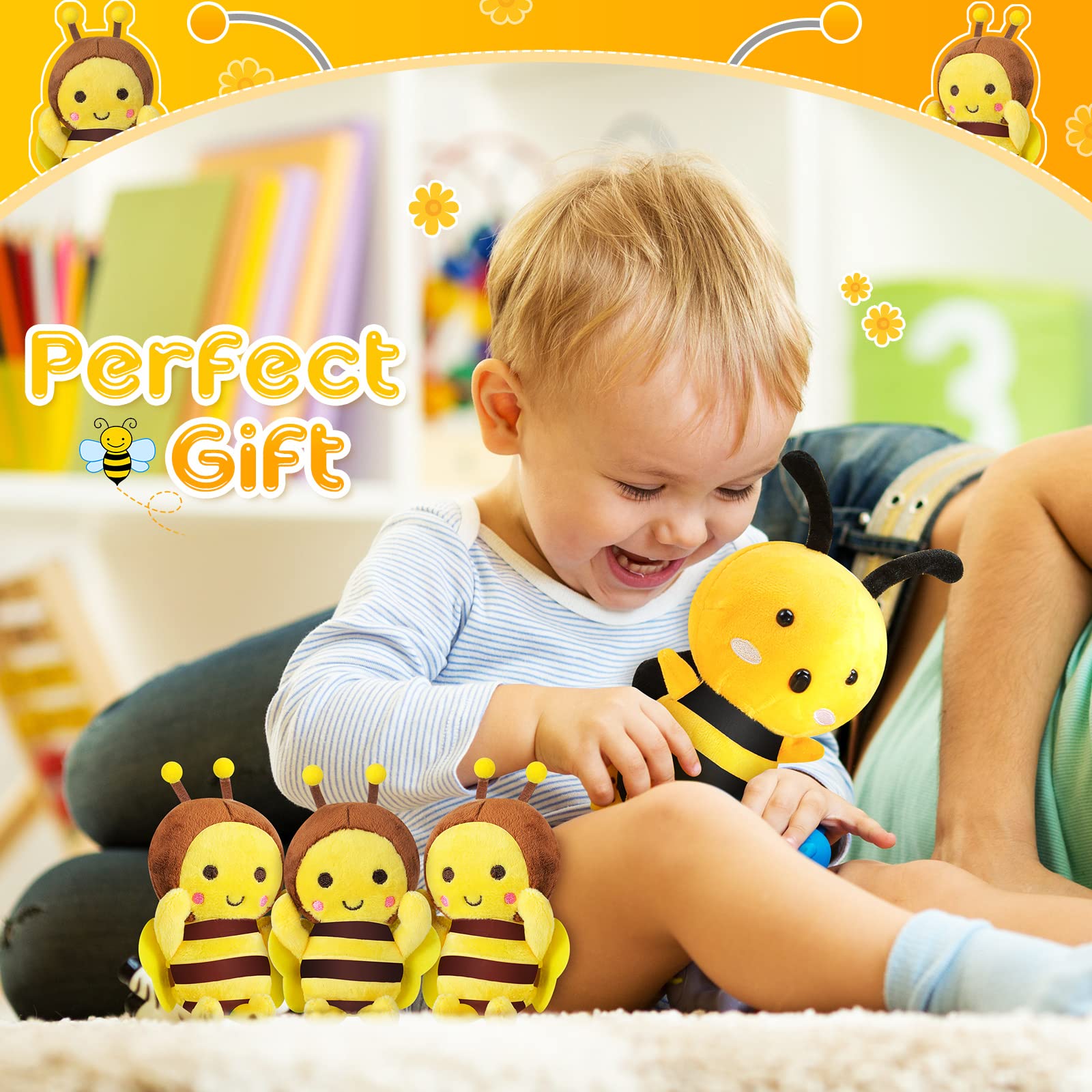Jerify 6 Pieces Bee Plush Toy Bee Stuffed Animal, Yellow Bees Plushie Cuddly Large Soft Bee Pillow for Christmas Thanksgiving Birthday Bee Themed Party Gift, 8 Inches and 4.7 Inches