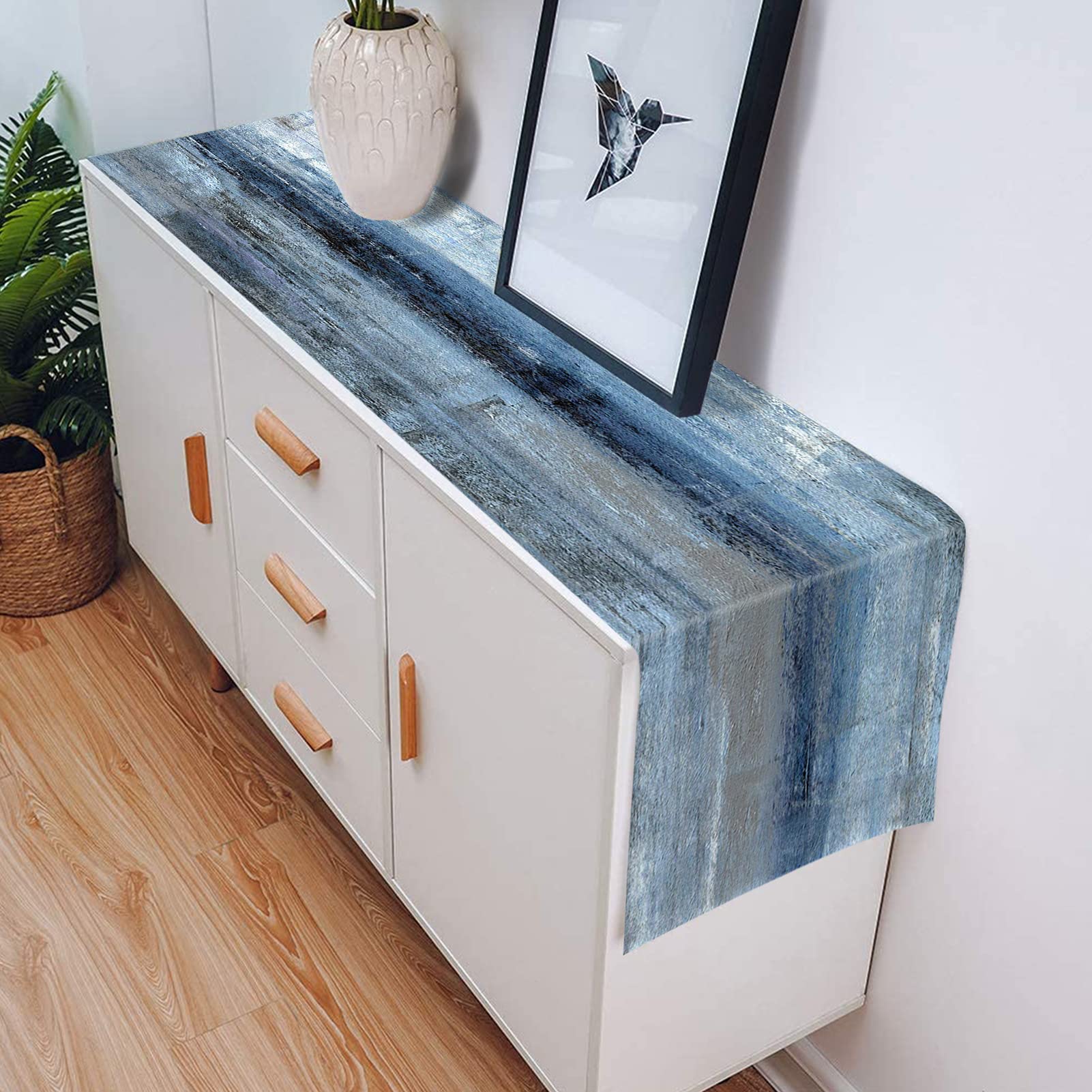 Emvency Farmhouse Style Table Runner, Abstract Art Painting Denim Blue Table Runners for Kitchen Coffee Table Family Dinners Holiday Parties Wedding Events Decor(13x72 inch)