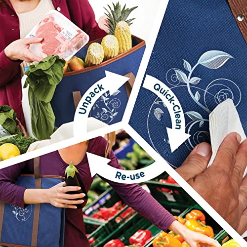 Liviable Reusable Grocery Shopping Bags, Foldable, Heavy Duty Tote, Box Bags with Long Handles and Solid Bottom, Large - Set of 3, Navy Blue