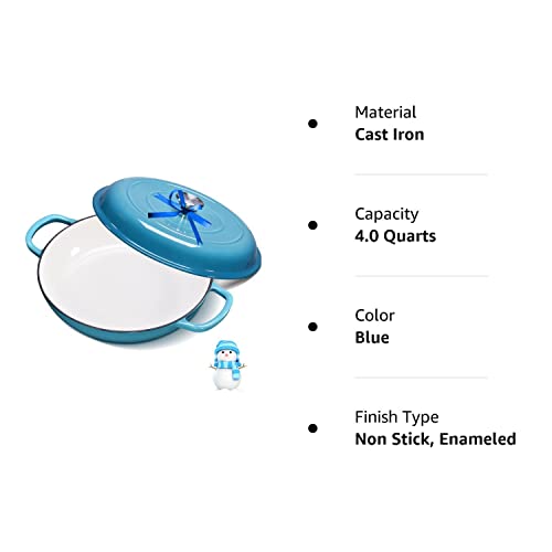 Enamel Cast Iron Casserole Dish with Lid --CSK Cast Iron Braiser Pan with Porcelain Coating, 4 QT Enameled Cast Iron, Steel Knob Cover & Double Loop Handles, Cast Iron Casserole Dish, Card Blue.
