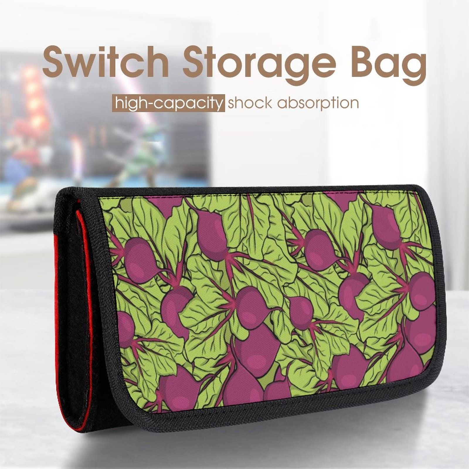 Garden Beet Pattern Carrying Bag Compatible with Switch Protective Case Slim Felt Pouch with 5 Game Cartridges Holders