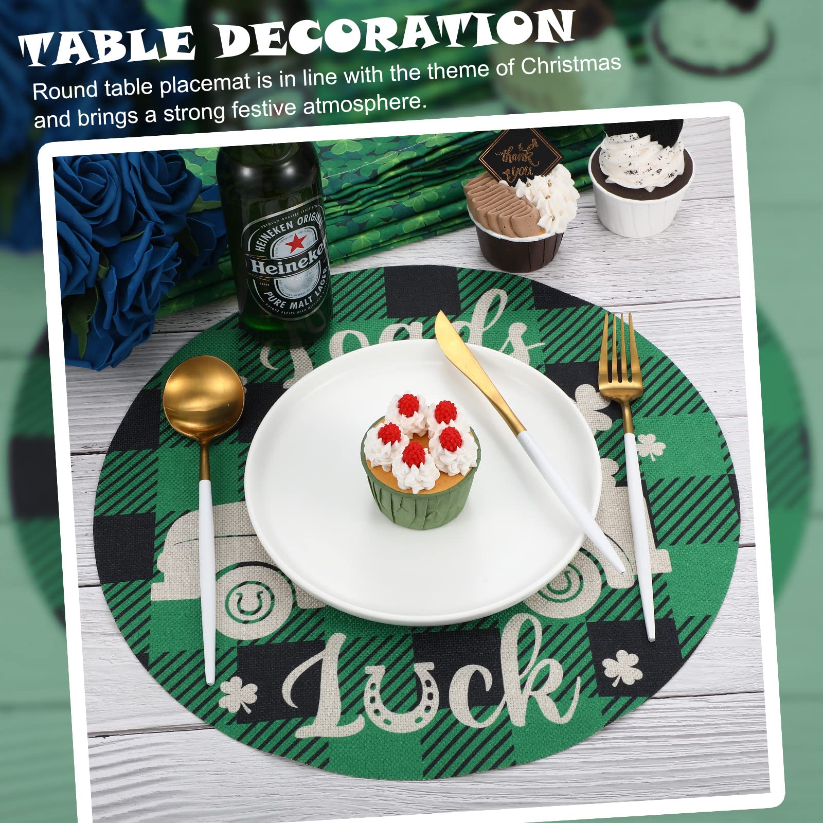 Round Placemats St. Patrick's Day Placemat Buffalo Plaid Check Table Mats Lucky Clover Shamrock Dining Table Mats for St Patrick's Day Holiday Farmhouse Table Decor (Shamrock Pattern,4 Pieces)
