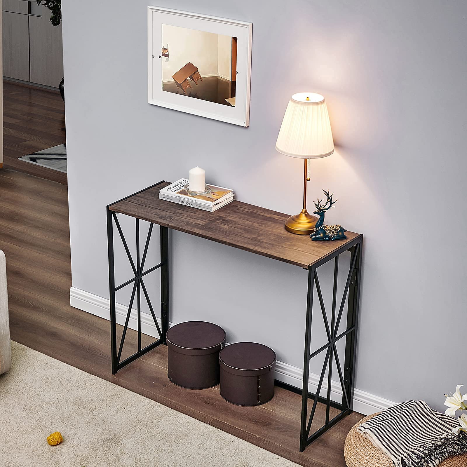 Console Sofa Table for Entryway No Assembly Couch Hallway Wall Table Folding Living Room TV Stand Narrow Entrance Foyer Table Industrial Kitchen Buffet Bar Height Table with Metal X-Frame,Rustic Brown