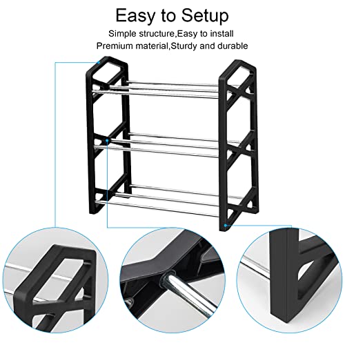 NiHome 3-Tier Shoe Rack Multifunctional Sturdy Steel Organizer Compact Small Size Lightweight 6 Pairs Footwear Freestanding Shelf for Closet Hallway Entryway Living Room Bedroom X Shape Frames (Black)