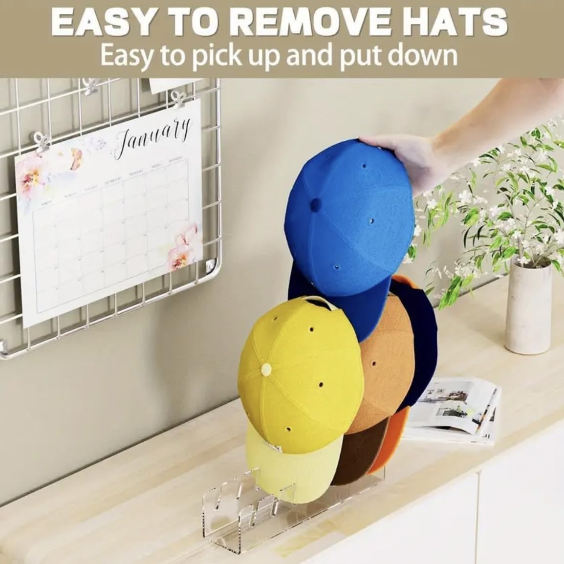 generic Hat Stand for Baseball Caps 2 Pack - Acrylic Hat Holder Display and Organizer- No-Install Holder for 14 Baseball Caps - Ideal for Closet, Dresser, or Shelf, Clear