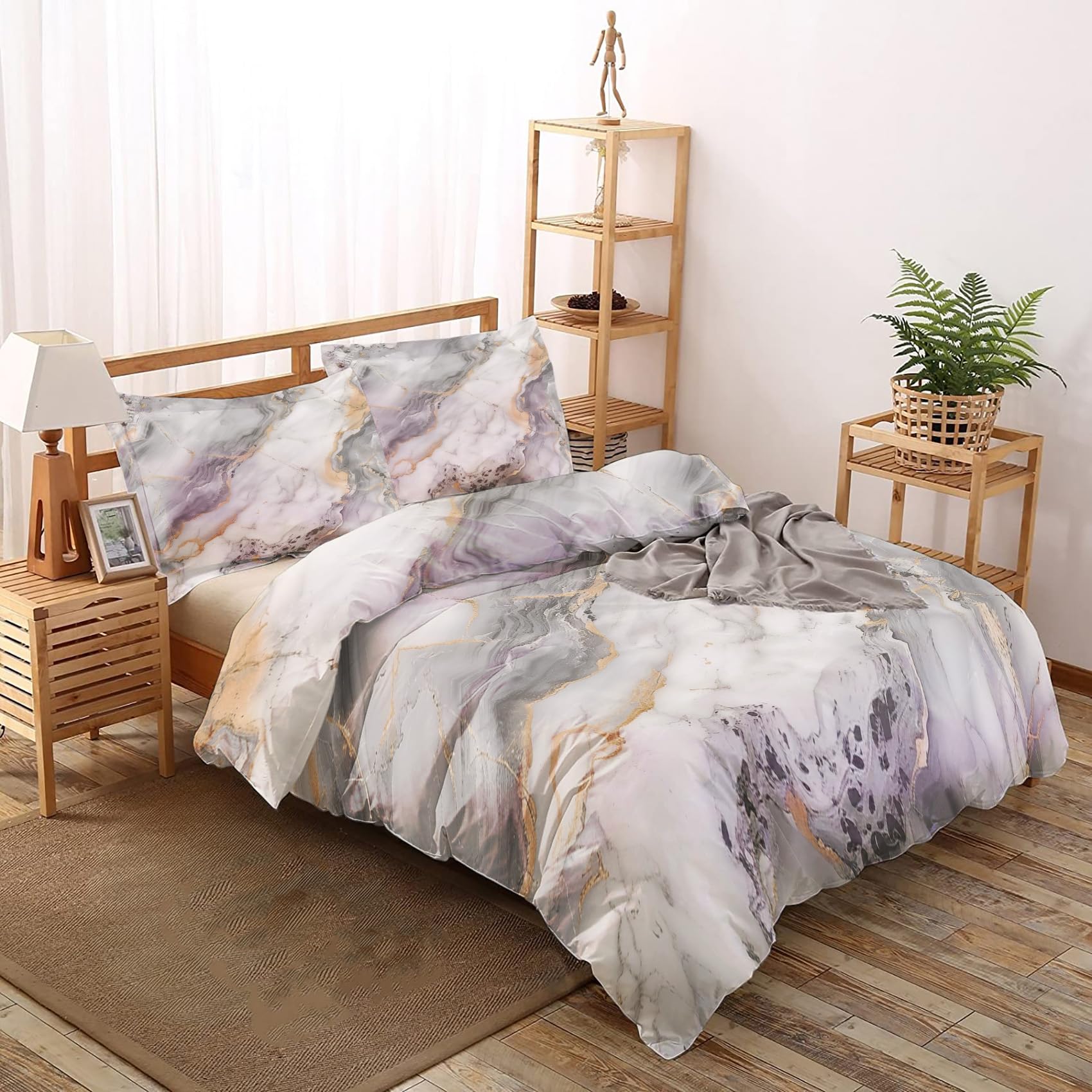Grey Marble Duvet Cover Full Size, Super Soft Microfiber Washed, Marble Abstract Comforter Cover, Bedding Set with Zipper Closure, 3 Pieces, 1 Duvet Cover 80βx90β & 2 Pillow Shams (No Comforter)