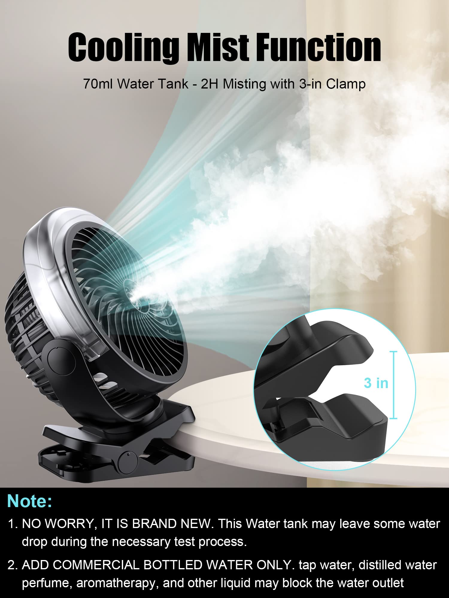 FRIZCOL Clip on Fan with Misting - 6000mAh Portable Fan with Light & Hook - Rechargeable Fan Battery Powered Up to 40 Hours Cooling & 2h Misting for Travel, Office, Desk