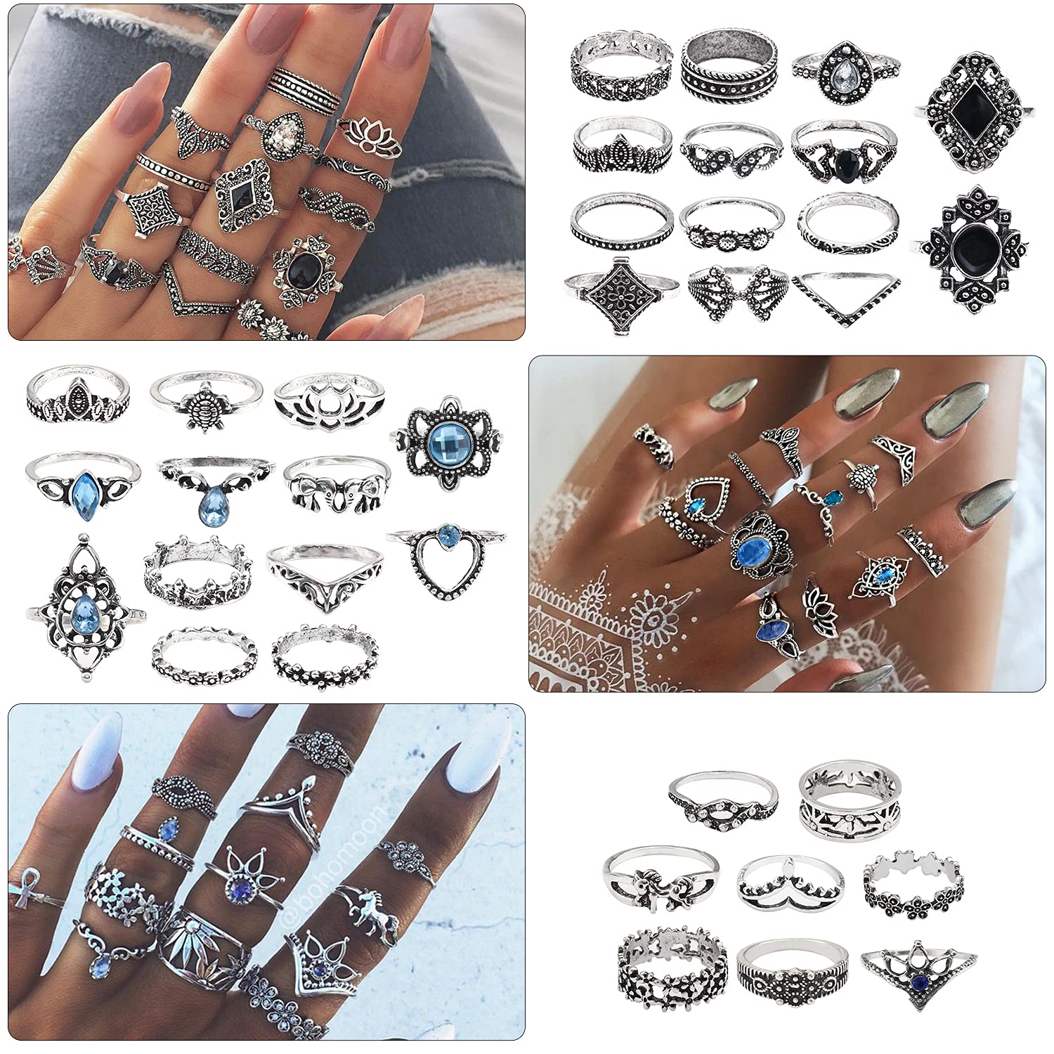 CLOYAN 99 Pcs Knuckle Rings for Women Cool Silver Rings Set Bohemian Goth Vintage Hippie Stackable Crystal Jewelry Accessories