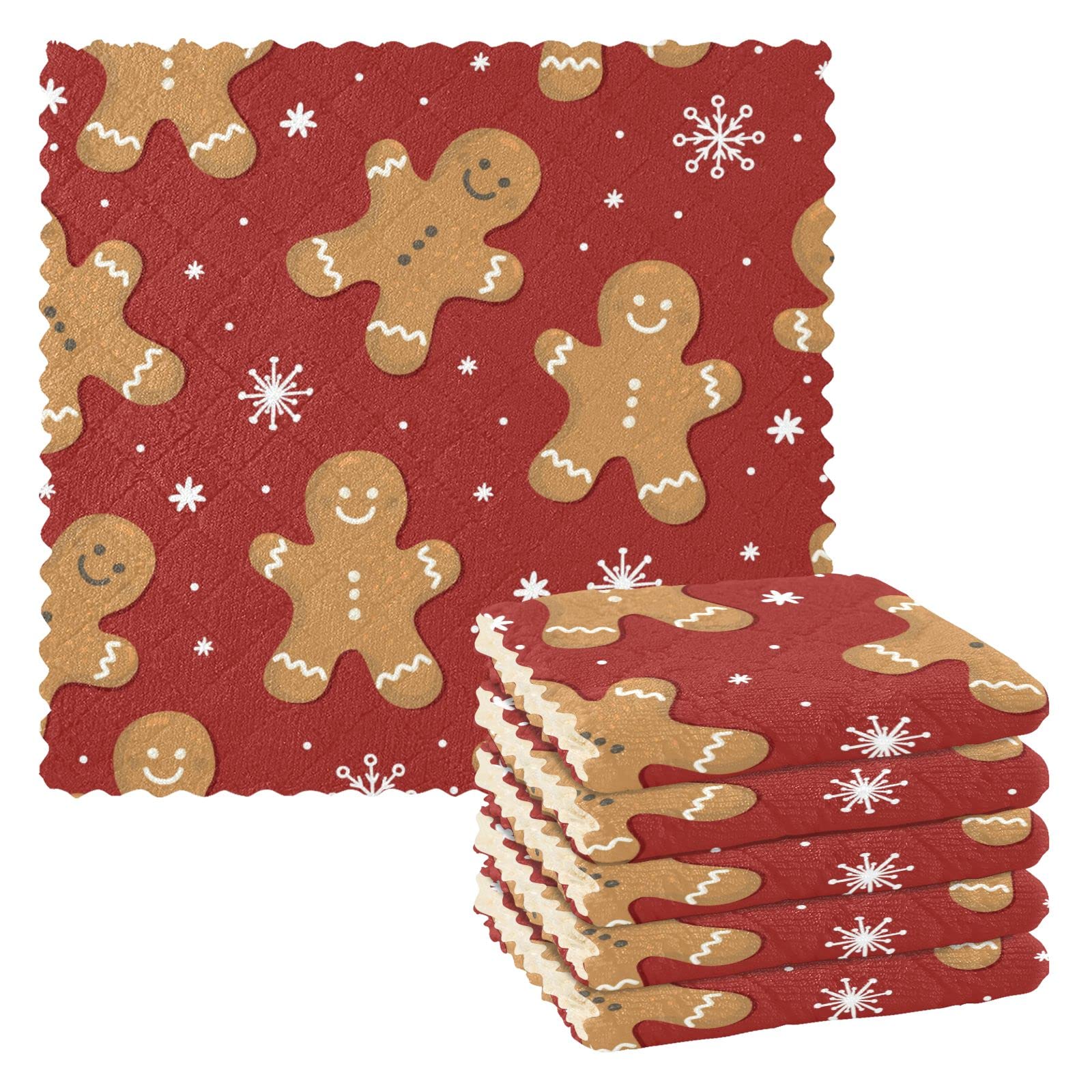 Christmas Cookie Kitchen Cloth Dish Towels Gingerbread Snowflake Kitchen Cloths Dishcloths Highly Absorbent Dust Dirty Cleaning Supply Kitchen Tableware Car Pack of 6 11x11 in