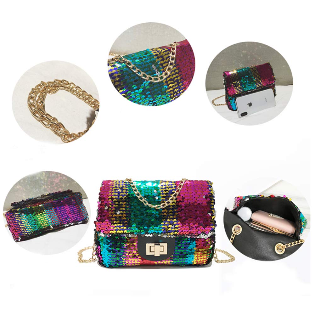 Sequin Crossbody Purse Shoulder Bags Rainbow Stylish Handbag Reversible Pouch with Chains for Girls Womens