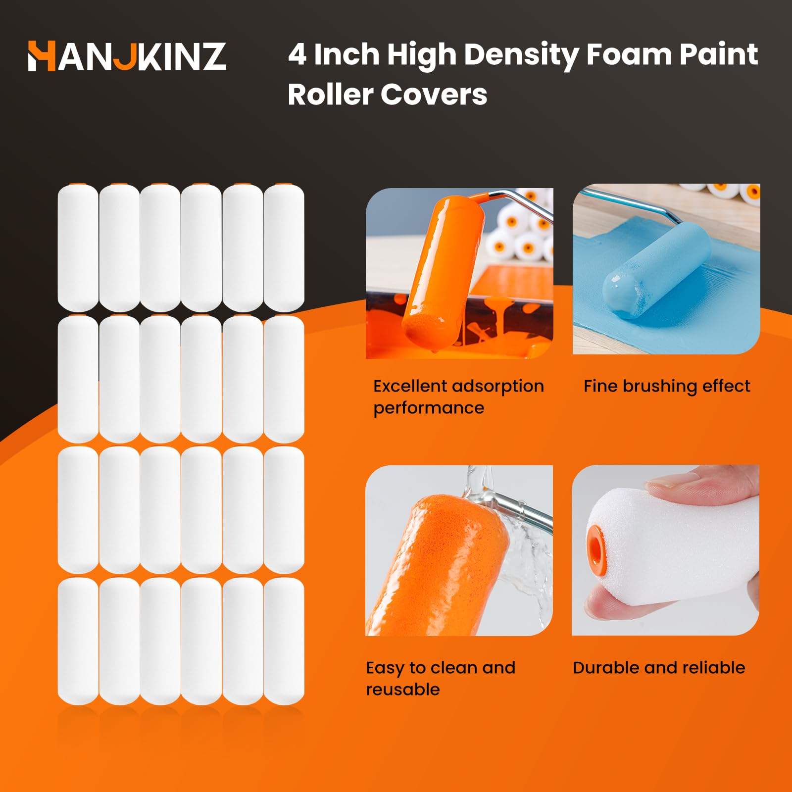 HANJKINZ Foam Paint Roller, 24 Pack, 4 Inch Mini Paint Roller Covers, High Density Foam Paint Roller, Small Paint Rollers for All Flat Surfaces, Suitable for Wall,Kitchen Cabinets, Doors, Tables, Etc