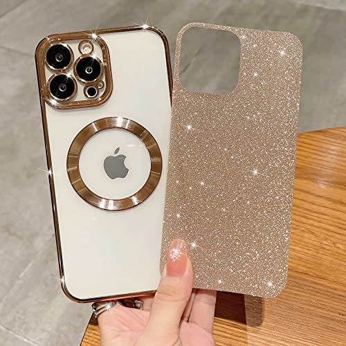 MGQILING Compatible with iPhone 13 Pro Max Magnetic Glitter Case, Luxury Plating Cute Bling Clear Phone Case, Compatible with MagSafe for Women Girls with Camera Protector Back Cover - Gold
