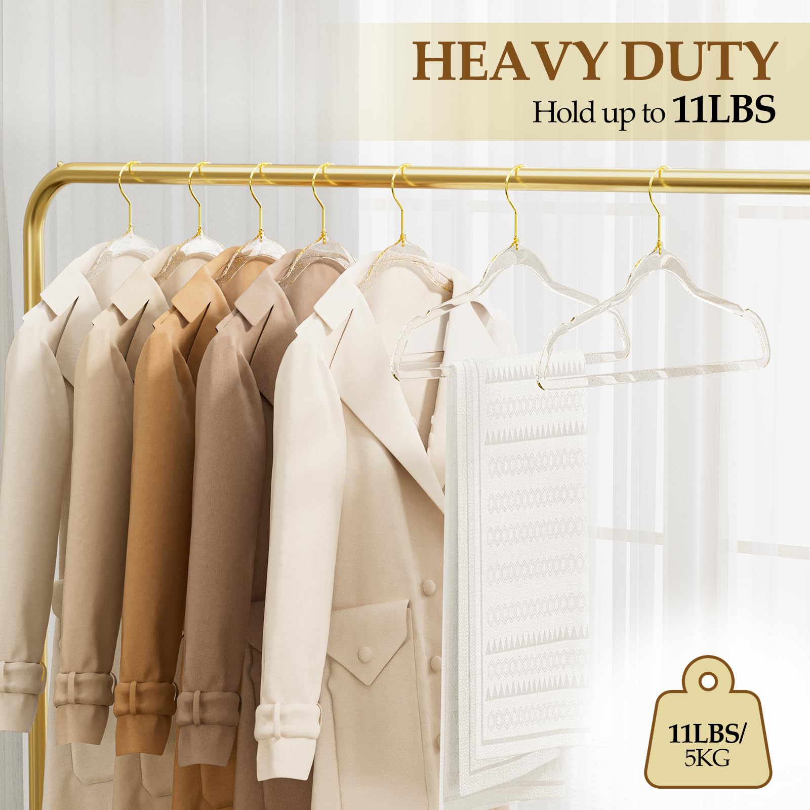 UEAKPIC 50 Pack Clear Plastic Hangers with Gold Glitter, Acrylic Hangers Ultra Slim & Space Saving Suit Hangers for Coats, Pants & Dress Clothes