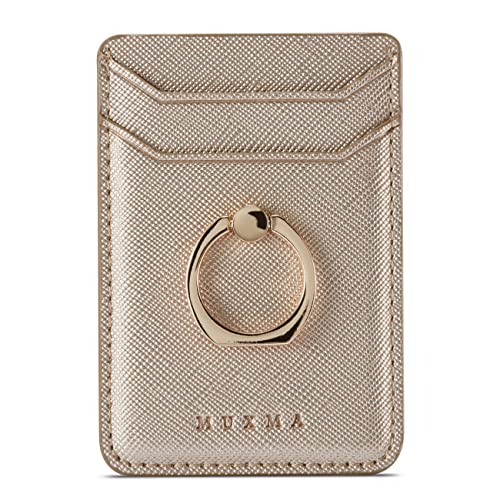 Lnobern Premium PU Leather Phone Card Holder Stick with RFID On Wallet with Ring Kickstand for iPhone and Android Smartphones (Gold)
