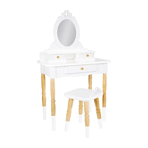Le Toy Van - Wooden Vanity Table with Vanity Mirror and Vanity Chair - Bedroom Furniture - Victorian Style Oval Dressing Table Mirror - Desk with Drawers and Vanity Stool - Kids Aged 3 Years +