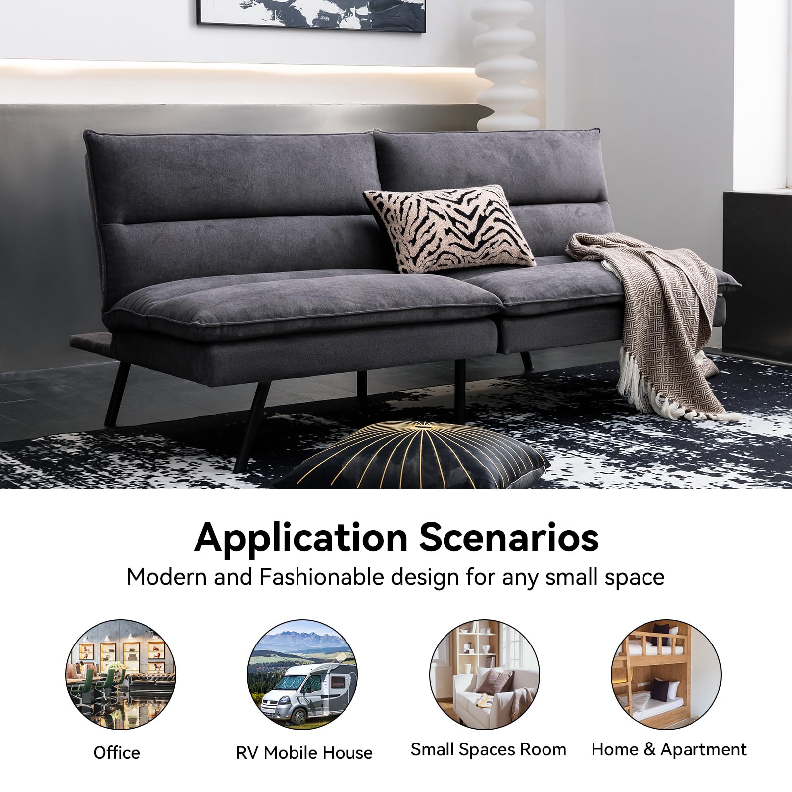 Hcore Couch, Memory Foam Futon,Small Splitback Loveseat Sleeper Sofa Bed Sofabed, Black