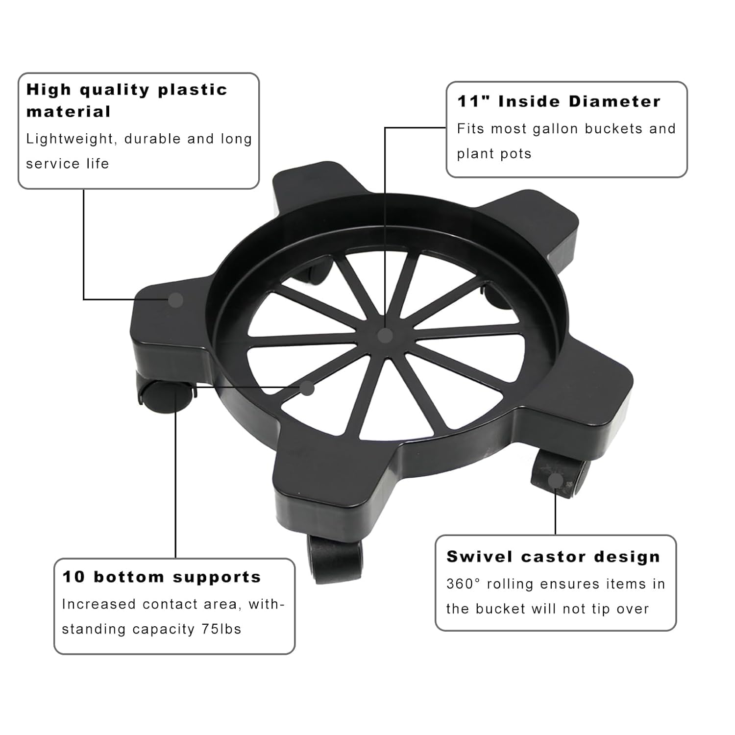 KOBSAINF 5 Gallon Bucket Dolly with 5 Smooth-Rolling Swivel Casters,75 lbs,No Tip or Spilling for 5 Gallon Bucket and Flowerpot,11" Inside Diameter,Black (2Pcs)