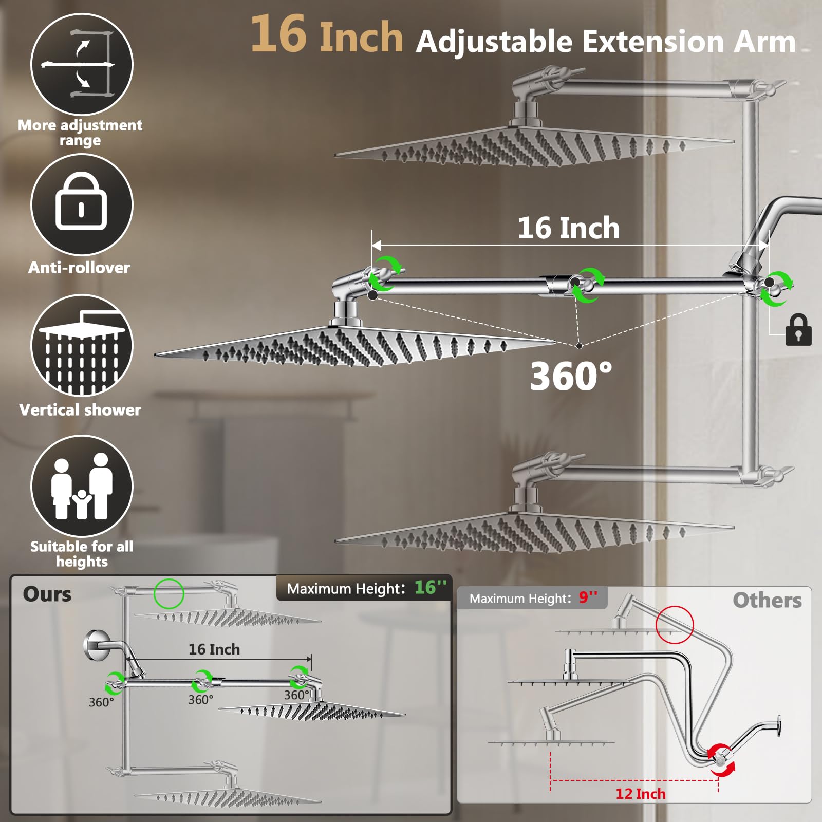 Dual Shower Head, 10'' High Pressure Rain Shower Head with 16'' Upgraded Adjustable Extension Arm, 3+1 Settings Handheld Spray,Built-in Power Wash,Retractable 60'' Shower Hose, 3-Way Diverter, Chrome