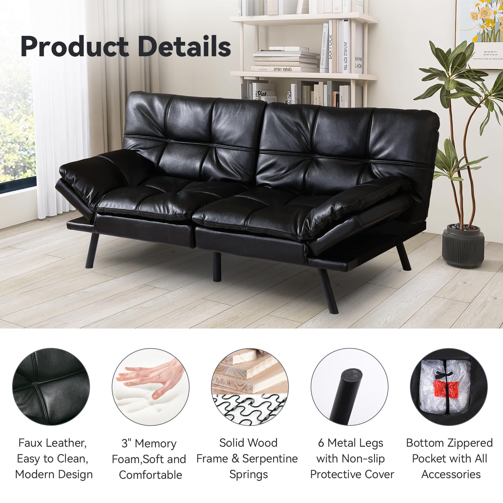 Hcore, Convertible Sleeper, Memory Foam Futon Couch,Loveseat Bed,Small Splitback Modern Sofa Sofabed, Black