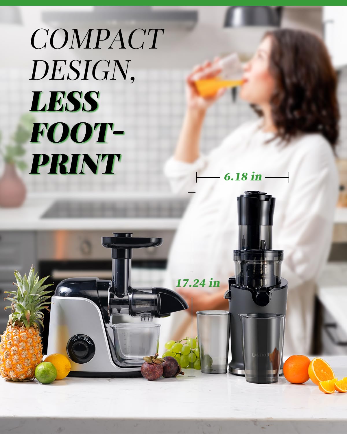 GDOR Cold Press Juicer Machines, Masticating Juicer Extractor with 3.5-Inch Feed Chute, Slow Juicer With High Yield, Easy to Clean,Grey