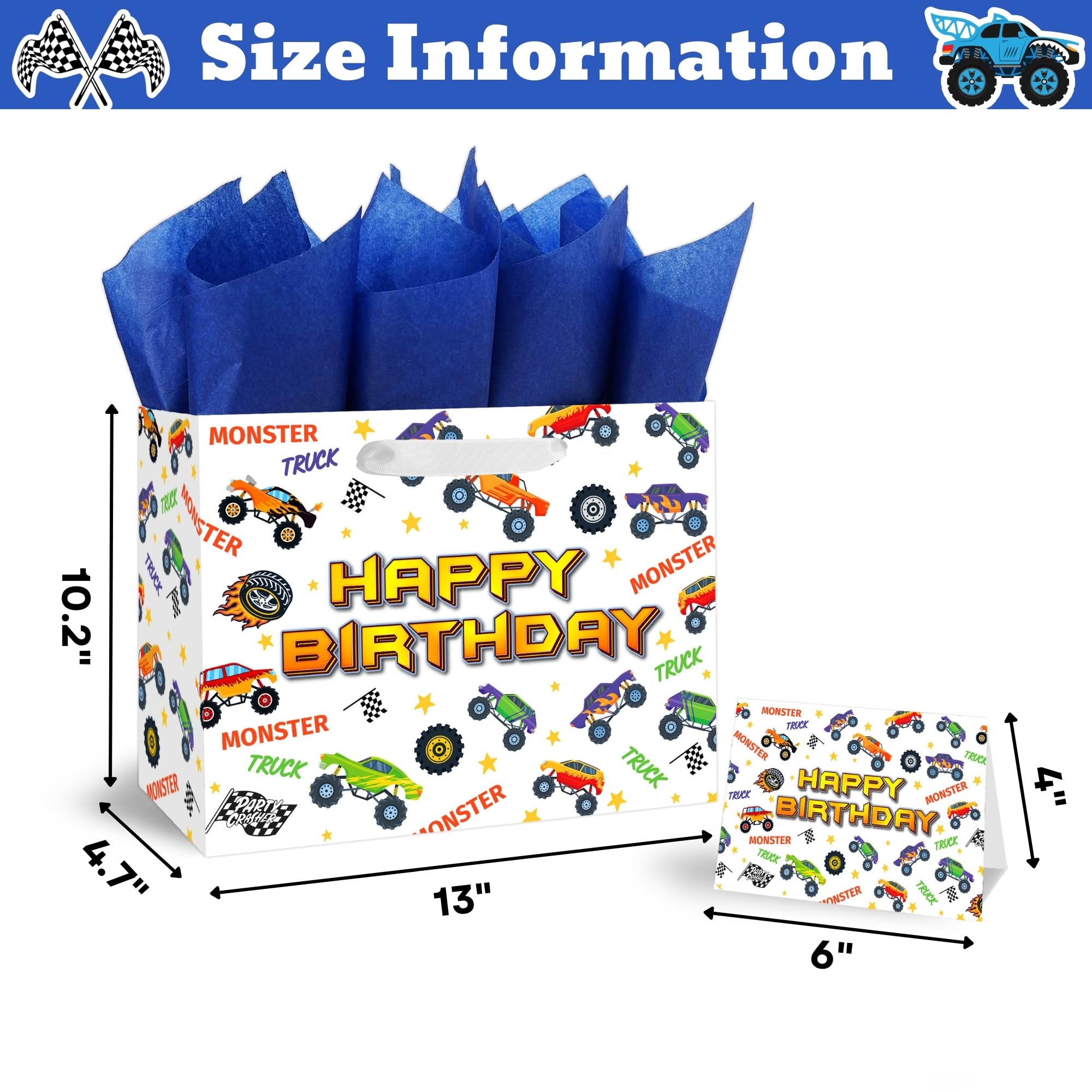Generic Large 13"" Monster Truck Birthday Gift Bag with Handles, Card, and Tissue Paper for Boys, Car Themed