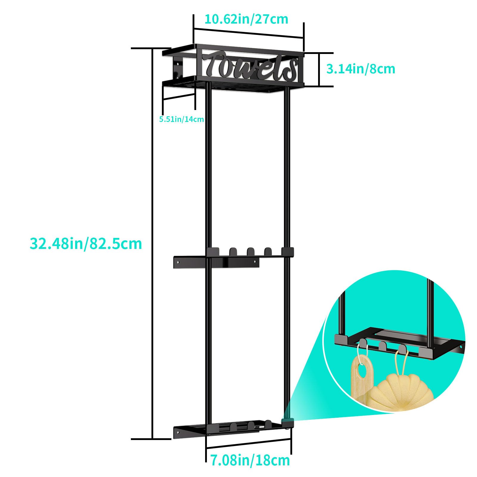 HapiRm Towel Racks for Bathroom - 3 Tier Towel Holder for Bathroom Wall, Towel Storage with Towel Basket Design and 6 Hooks, Towel Rack Wall Mounted for Bathroom Storage (Black)