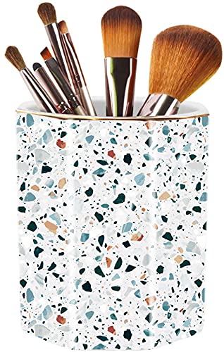 LEAZUL Pen Holder, Makeup Brush Holder Ceramic Shiny Gold Terrazzo Marble Stone Pattern Pencil Cup for Girls Kids Women Durable Stand Desk Organizer Storage Gift for Office, Classroom, Home Light Blue