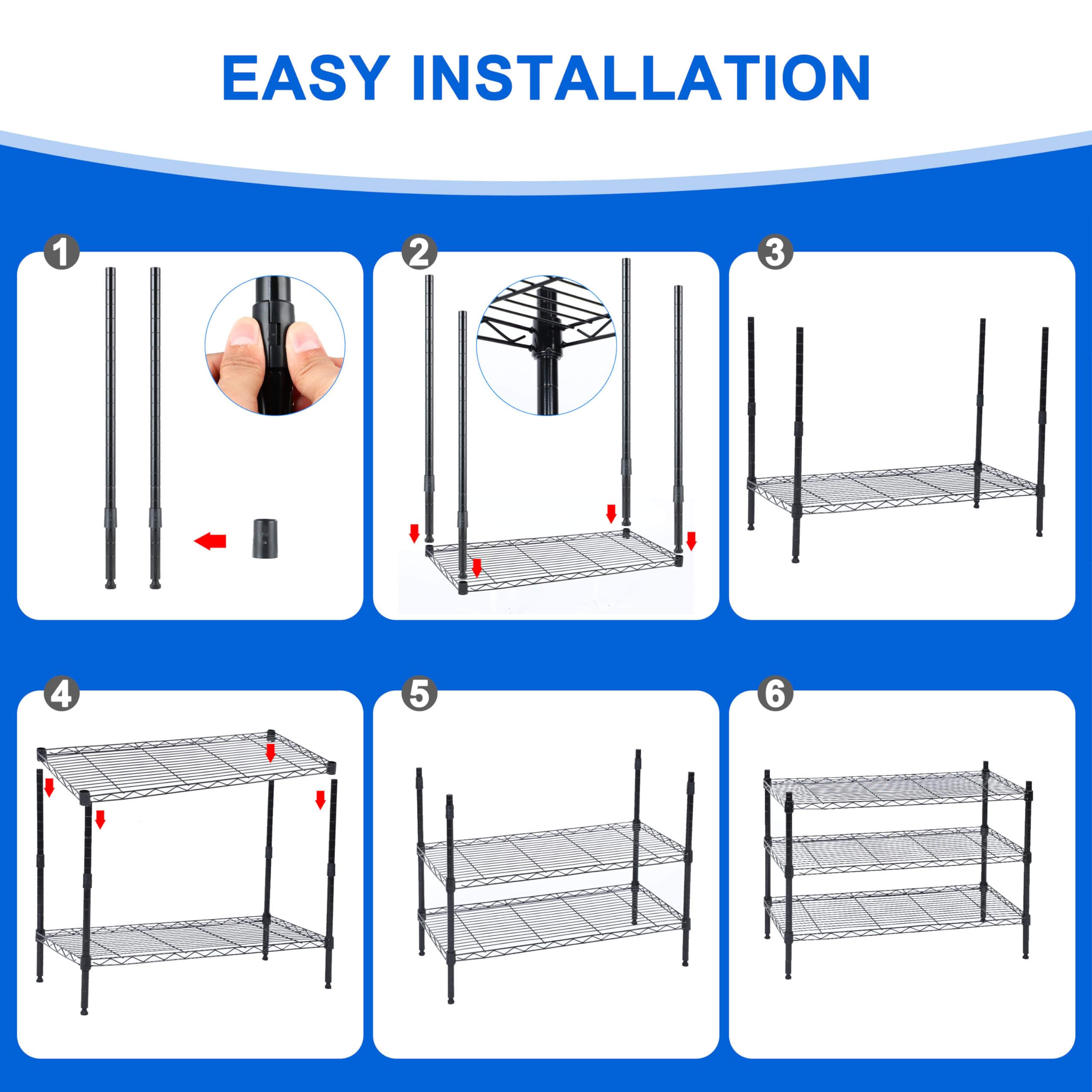 HealSmart Heavy Duty 3-Tier Shelving Units Adjustable, Wire Shelf with 750 lbs Capacity (250 per Shelf), 30" D x 14" W x 24 "H, Black, 3 Levels, Storage Shelf with Wheels & Leveling Feet