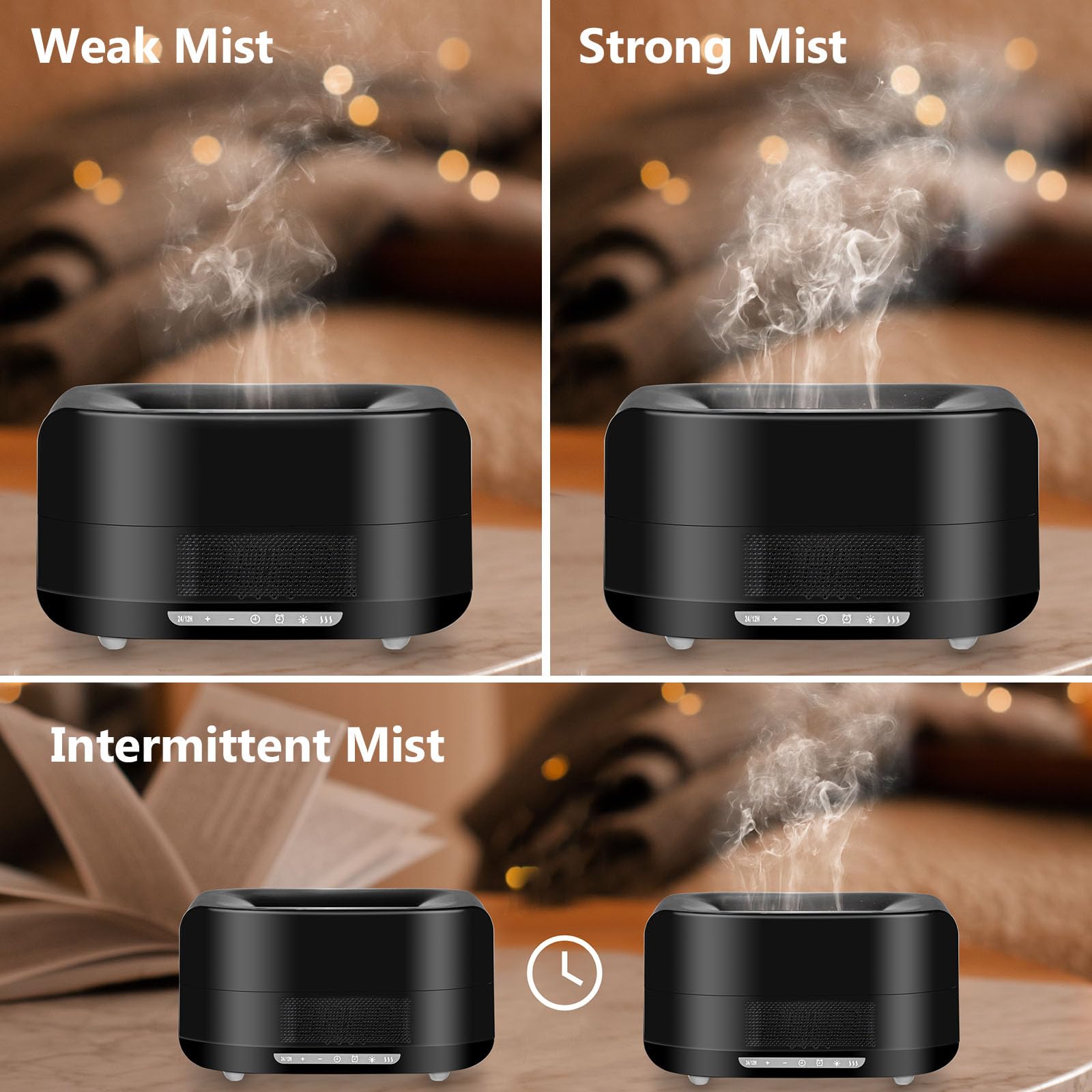 fufeisi Flame Diffuser Humidifier 400 ML, Fireplace Diffuser Alarm Clock with Remote Control, Timer for Bedroom Office Desk Yoga Essential Oil Diffuser, Auto Turn Off Cool Mist Humidifier(Black)