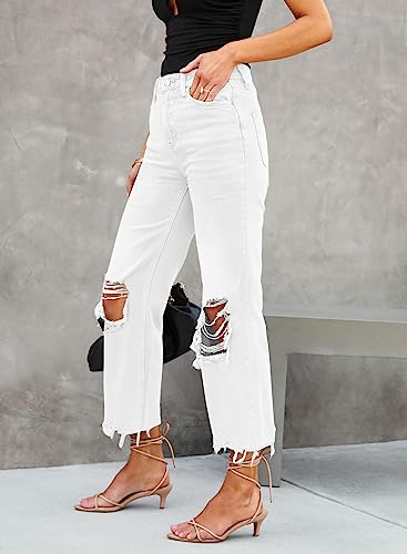 LOLONG White Jeans for Women Ripped Flare Trendy High Waisted Casual Distressed Bell Bottom Pants