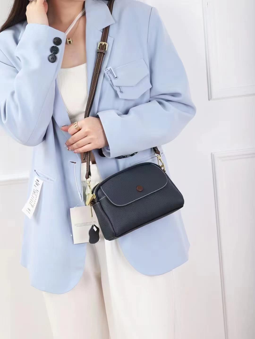 FUKUTAI Genuine Leather Crossbody Bag for Women - Shoulder Cross Body Handbags Purses Lightweight & Soft (Navy Blue)