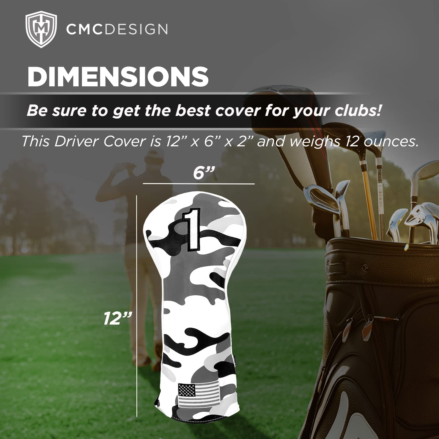 CMC Design Custom Snow Camo Embroidered Golf Driver Head Cover - Glove Soft Lining - Design Elements Include Applique and Embossing - Great Fit on Any Club as Golf Head Covers, Wood Driver Cover