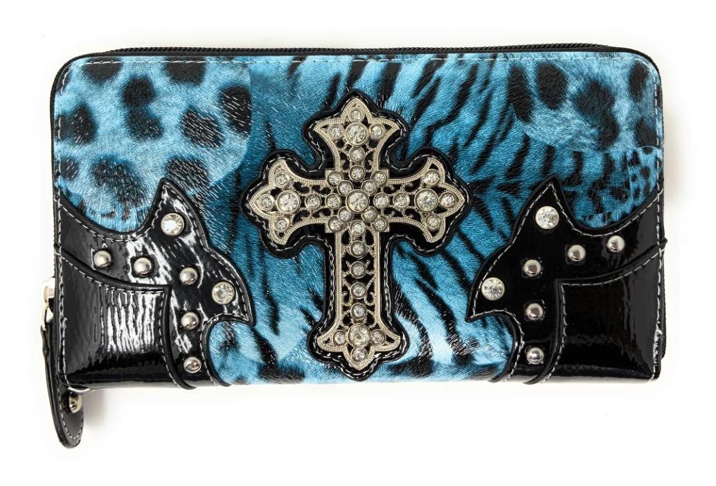 western rhinestone cross leopard concealed carry handbag with matching wallets in 3 colors (Blue)