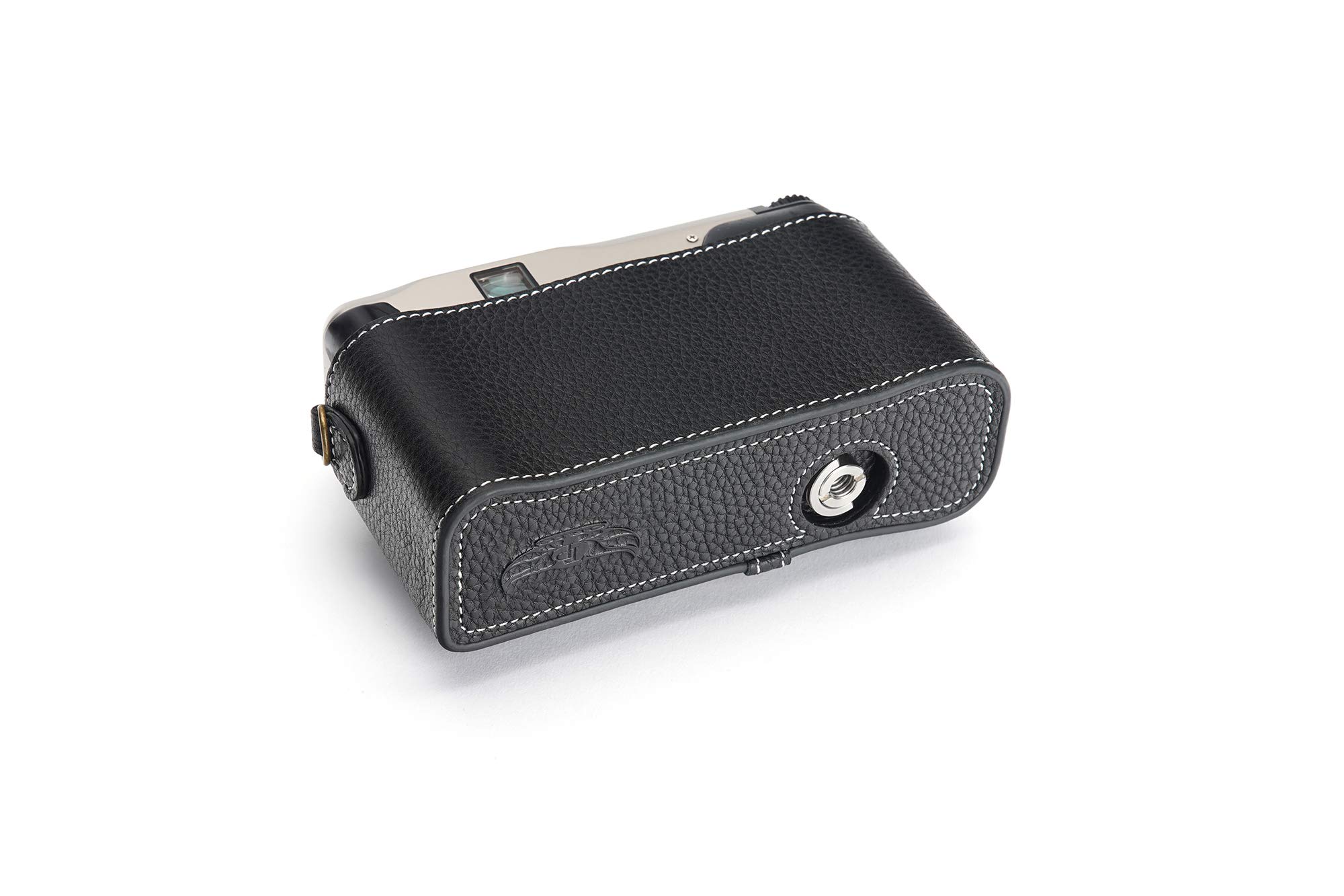 Contax TVS II Case, BolinUS Handmade Genuine Real Leather Half Camera Case Bag Cover for Contax TVS II Camera with Hand Strap (Black)