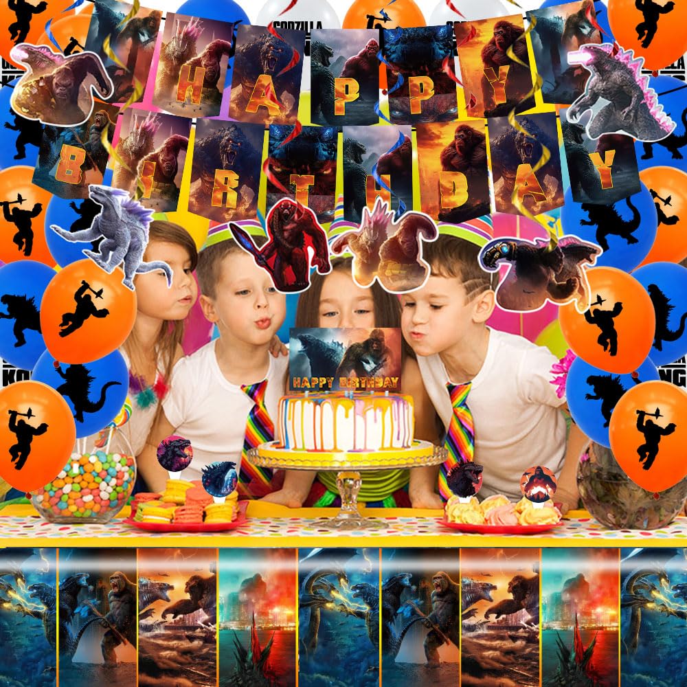 Happy Birthday Party Supplies Monster Theme Birthday Decorations with Banners, Balloons, Cake topper, Backdrop, Tablecover, Hanging swirls