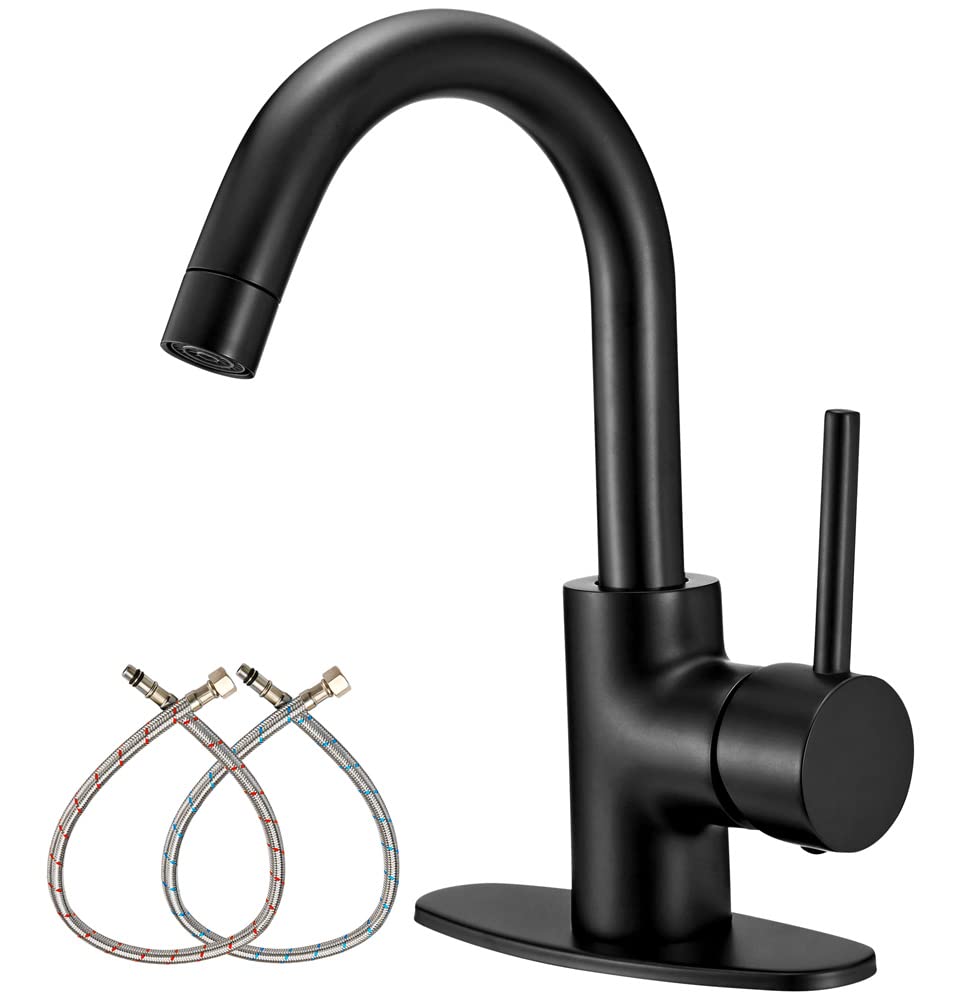 PHICHI Matte Black Bar Sink Faucet, Single Handle 1 Or 3 Hole Stainless Steel Gooseneck Faucets for Bathroom Outdoor with Hot & Cold Water Supply Lines