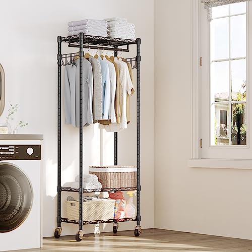 NATRKE Rolling Garment Rack 3 Tiers Heavy Duty, Adjustable Freestanding Clothing Rack With Wheels, Garment Rack with Storage Shelves 2 Pairs Side Hooks, Max Load 420 lbs, Black S1